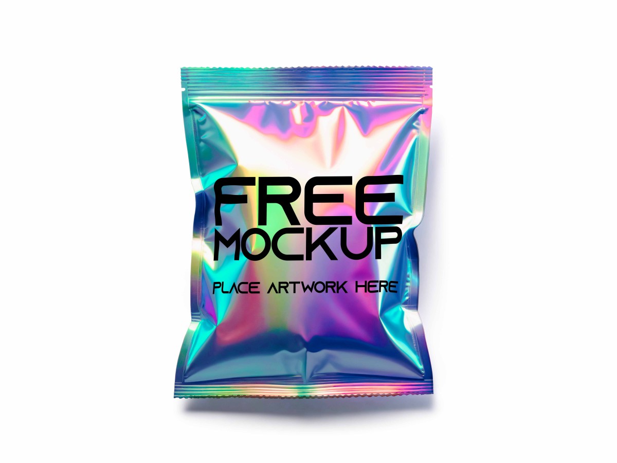 Holographic packet packaging mockup - Mockup Love